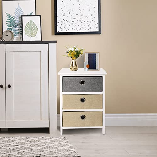 ECOMEX Nightstand Set of 2, Nightstand with 3 Drawers, Small Nightstand with Storage Drawers, Bedside Table with Fabric Bins, Wood Frame, Easy Assembly, White
