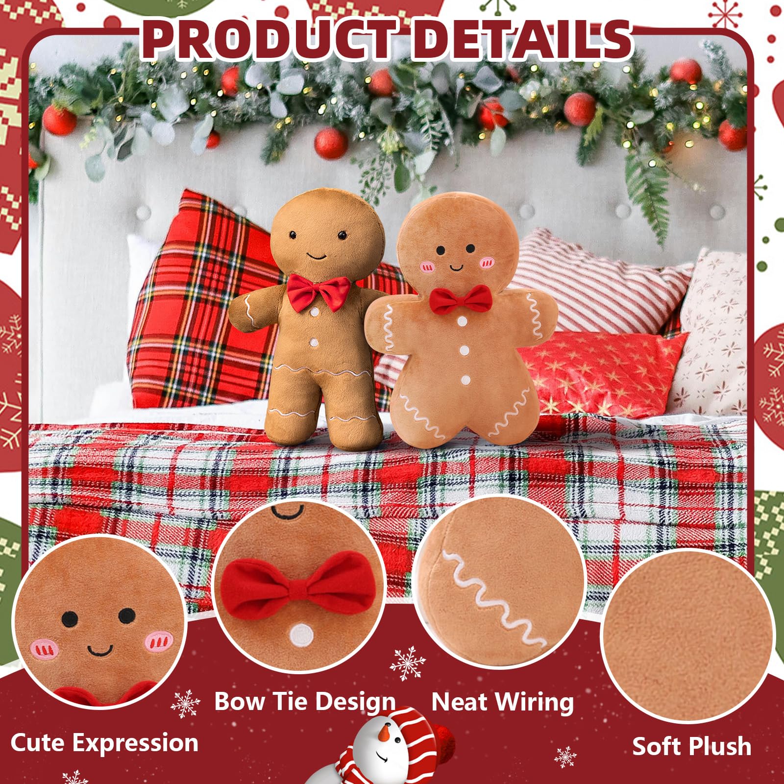 Yefound Gingerbread Plush Stuffed Pillow, Christmas Gingerbread Man Pillow, Gingerbread Man Plush Decor Pillow for Holiday Christmas Tree Gifts, 13.8in, Brown