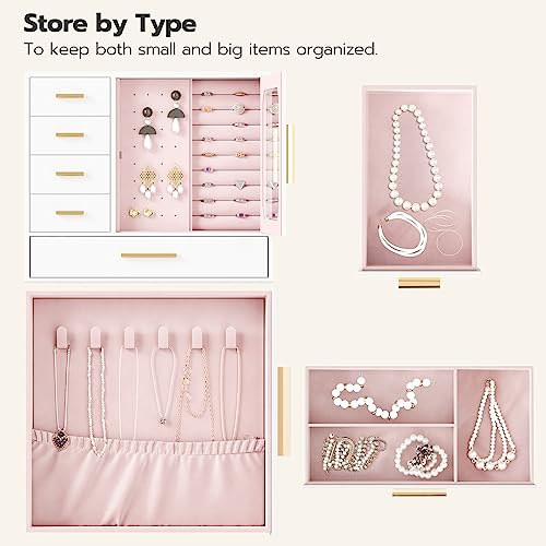 HOOBRO Jewelry Box with Glass Window, Large Capacity Jewelry Organizer, Jewelry Storage, Portable Jewelry Organizer Box, Modern Style, White and Light Gold WT05JB04