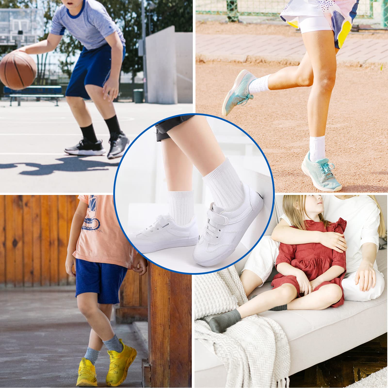 Auranso Boys Crew Socks 6 Pairs Kids Girls Cushion Athletic Ankle Socks Black 7-10 Years
