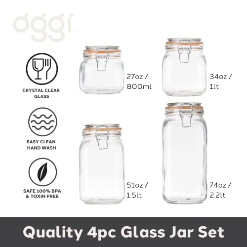Oggi 4 Piece Airtight Glass Storage Containers Set - Includes 4 Glass Kitchen Canisters with Clamp Lids & Silicone Seals - Farmhouse Kitchen Décor, Kitchen Storage, Pantry Storage, Food Storage
