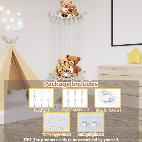 Stuffed Animal Storage Hammock, SCREPRETI Corner Plush Toys Holder with Lights, Length Adjustable Hanging Toy Organizer for Nursery Play Room Bedroom Kid Room
