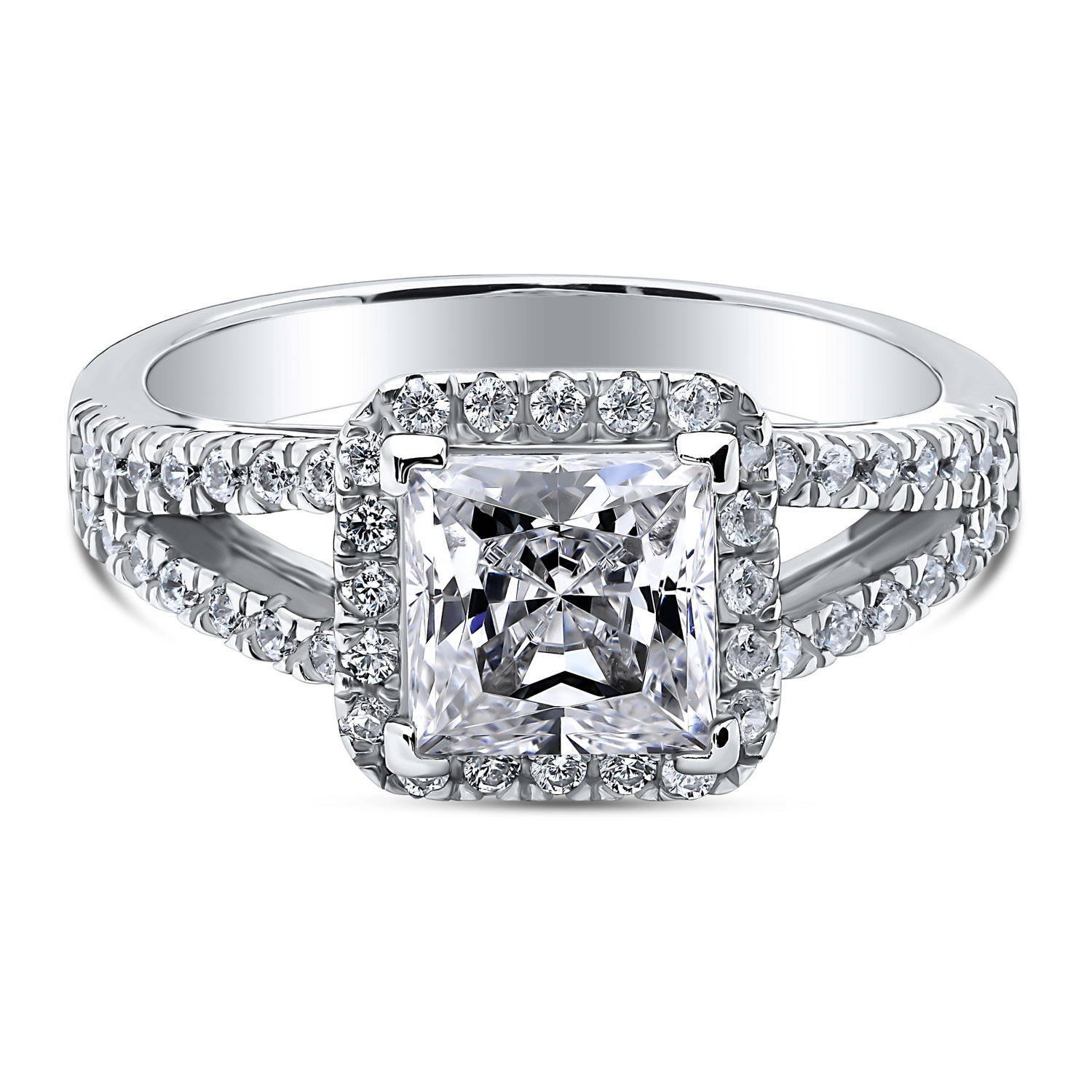 BERRICLE Sterling Silver Halo Wedding Engagement Rings Princess Cut Cubic Zirconia CZ Promise Split Shank Ring for Women, Rhodium Plated Size 6