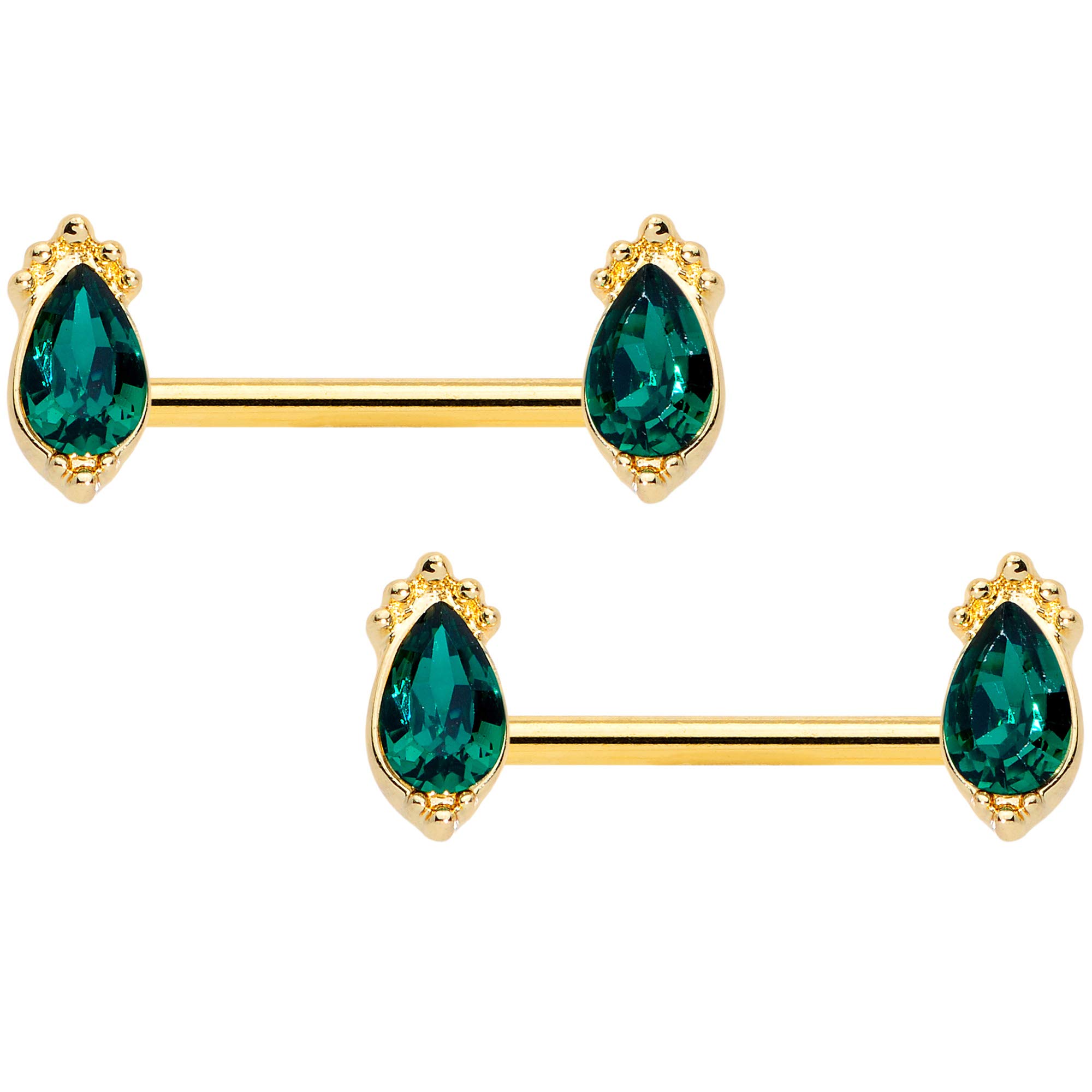Body Candy 14G Womens Nipplerings Piercing PVD Steel 2Pc Green Accent Drop Nipple Ring Set 9/16"