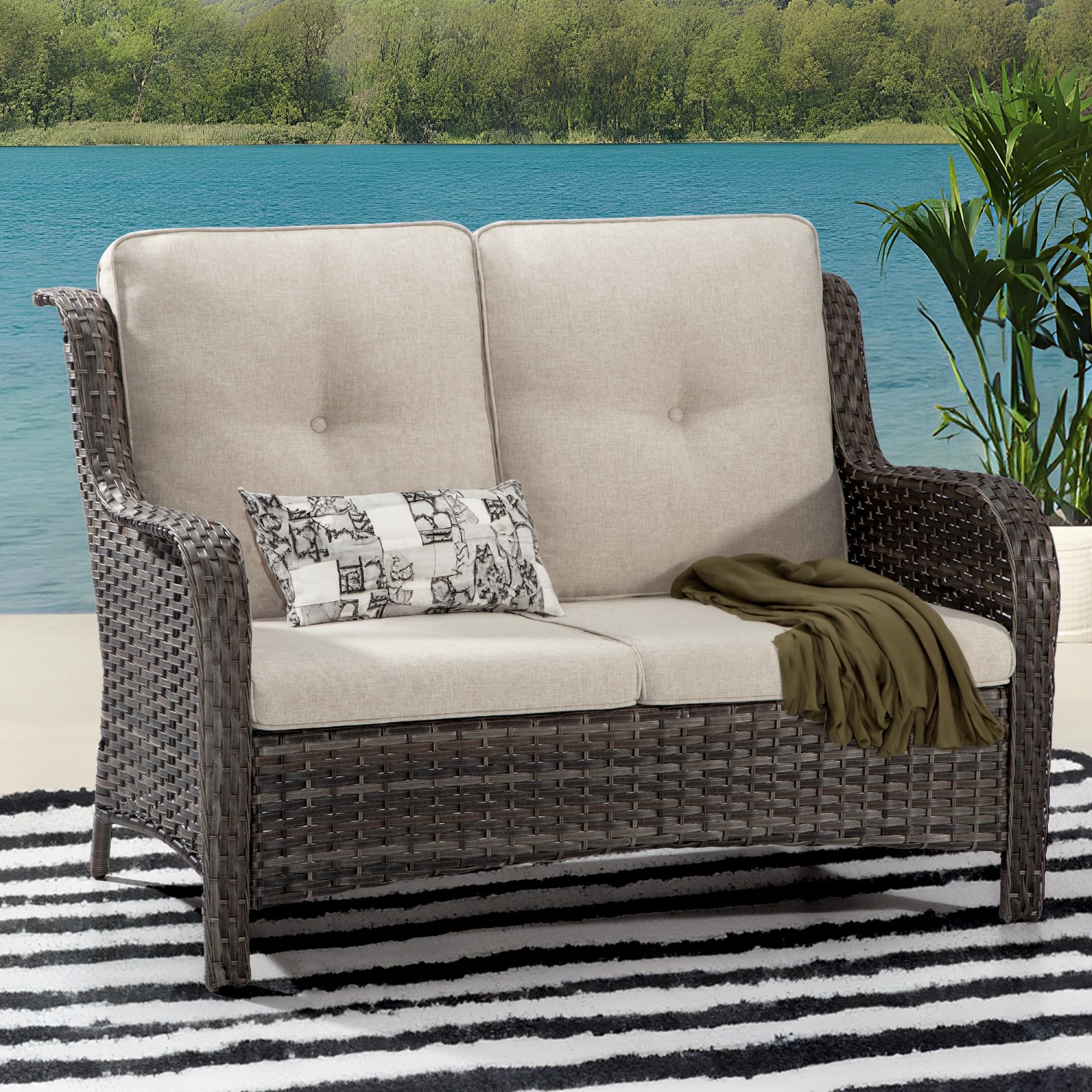 Gardenbee Patio Sofa Wicker 2-Seat Outdoor Couch with Deep Seating, High Back, Steel Frame and Olefin Cushion, Orange