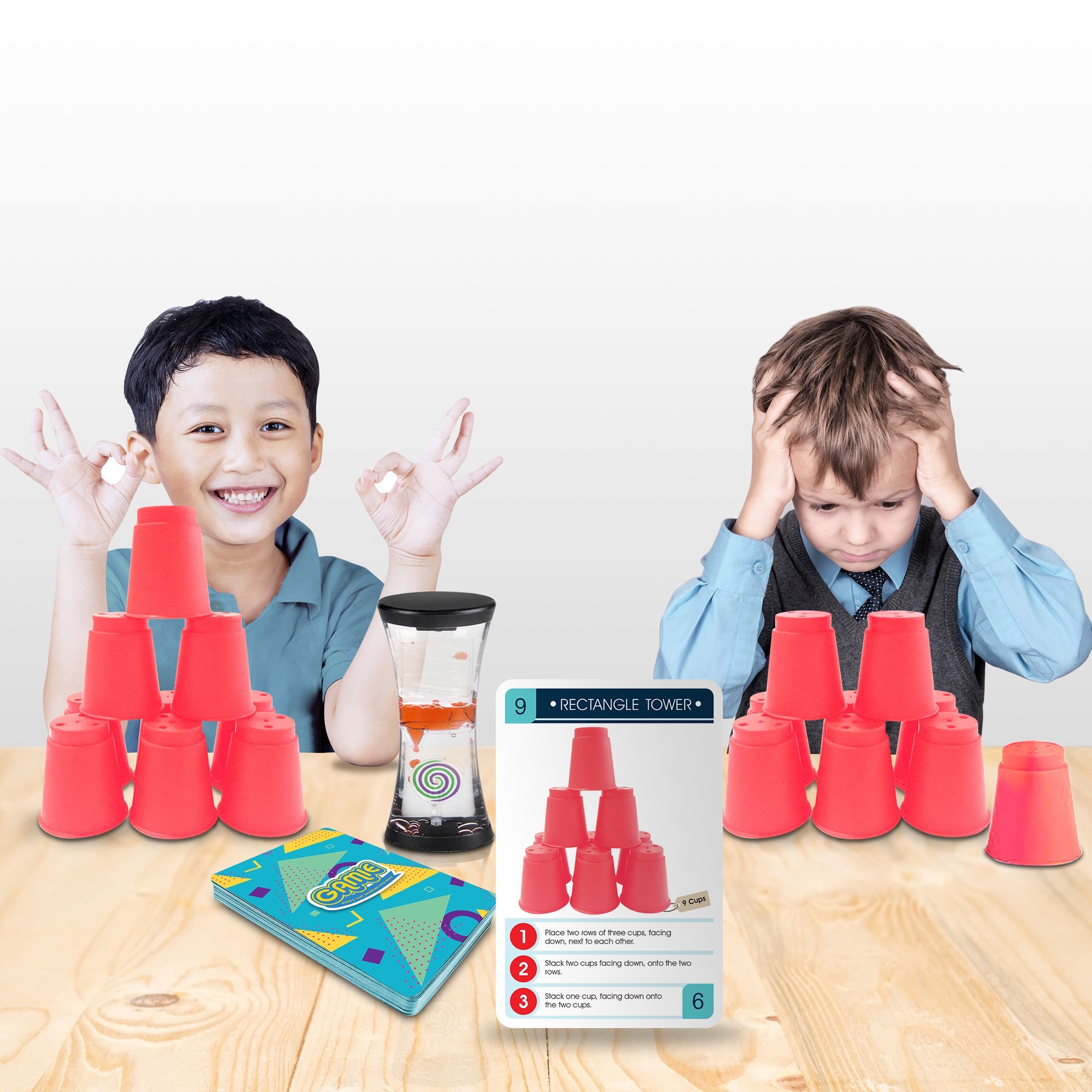 Gamie Stacking Cups Game with 18 Fun Challenges and Water Timer, 24 Stacking Cups, Sturdy Plastic, Classic Family Game, Idea for Boys and Girls Ages 3+ Olds, Tons of Fun