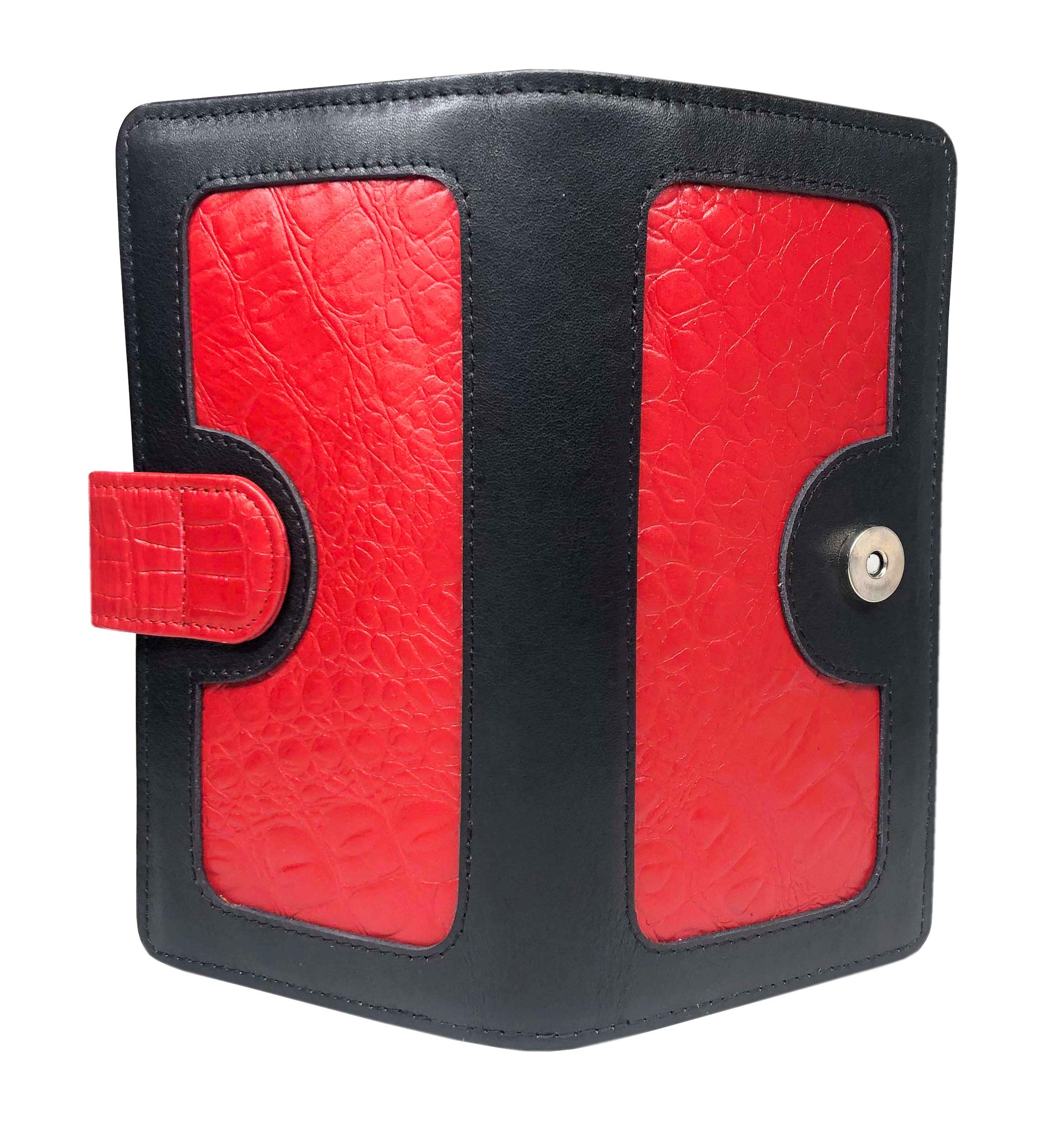 Leather Book LW-1804 Red Crocodile Ladies Wallet|10 card slots|1 card window|4 slide pockets|1 zip pocket | Black Cowhide & Red cowhide Crocodile Print Leather