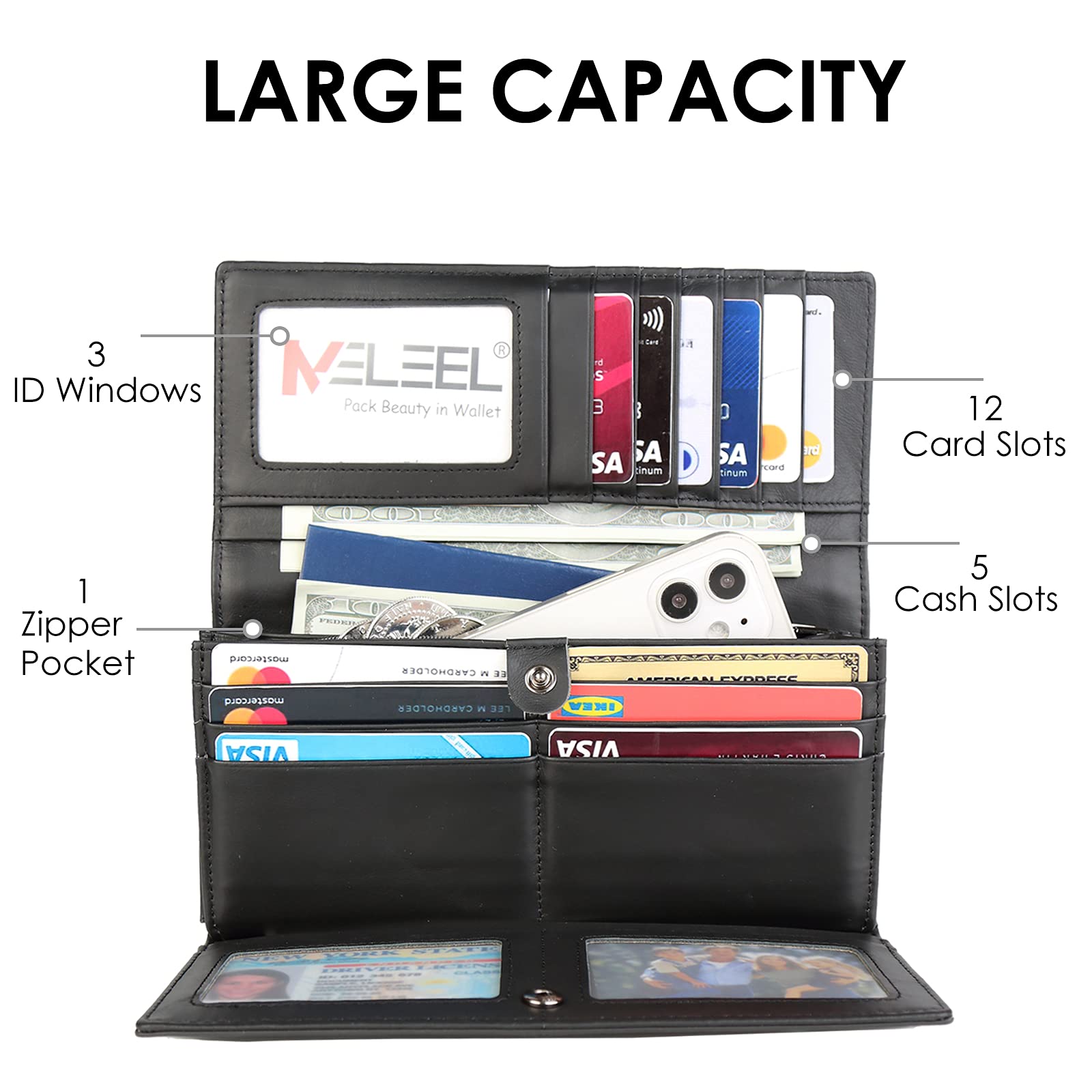 KELEEL Women's Wallet RFID Blocking Large Capacity Genuine Leather Trifold Ladies Purse Clutch Wallets Card Organizer