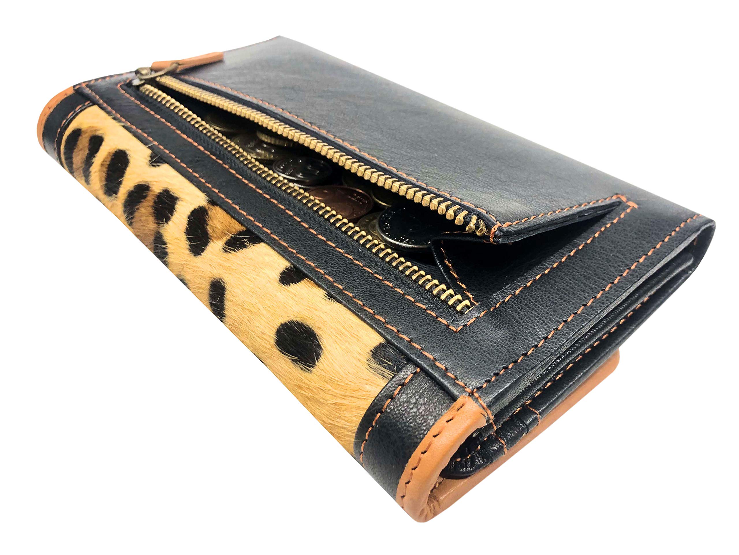 Leather Book® LW-1802 TAJ Leopard Ladies Wallet|11 card slots|1 card window|4 slide pockets|1 zip compartment pocket| 1 back silver metal zip pocket | Black, Tan Cowhide & Jersey leopard Print Leather