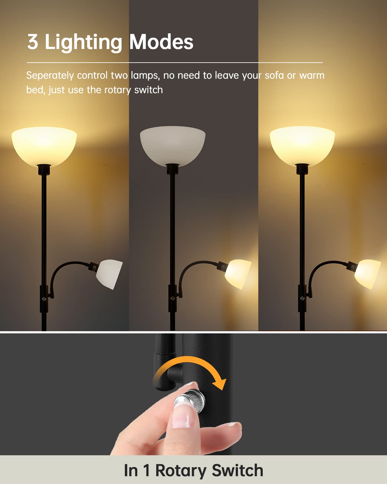 BoostArea Floor Lamps for Living Room, Modern Floor Lamp with Reading Lamp(12W, 4W), Bright Standing Lamp with Bulbs, 70.5" Tall, White Plastic Lampshades,3-Way Rotary Switch, Simple Pole Lamps, Black
