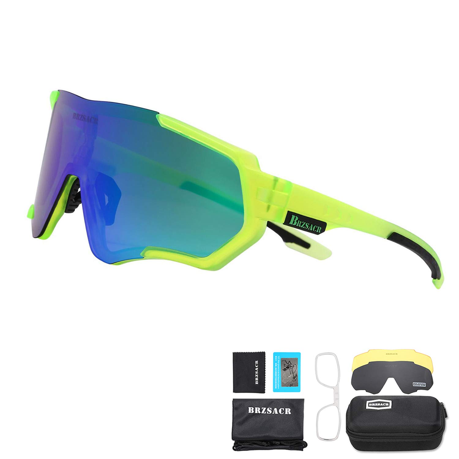 BRZSACR Polarized Cycling Sunglasses Sports Sunglasses with 3 Interchangeable Lenes (Green)