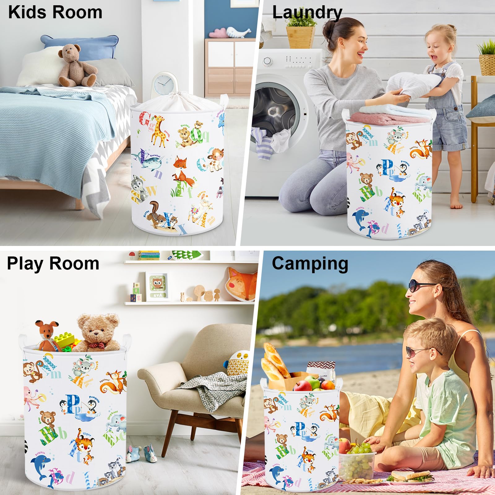 Clastyle 45L Cute Alphabet Animals Laundry Hamper for Boy Girl Colourful Round Toy Clothes Storage Basket for Nursery Room, 14.2x17.7 in