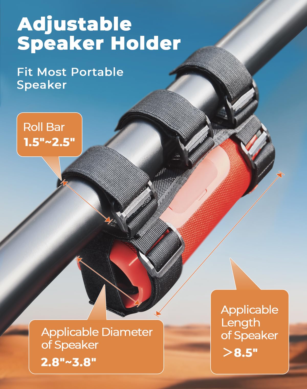 KEMIMOTO UTV Speaker Mount, Adjustable 2 Strap Style Portable Speaker Holder for 1.5" to 2.5" Roll Bar, Compatible with Polaris RZR Ranger Can Am X3 Commander Pioneer Kawasaki Mule
