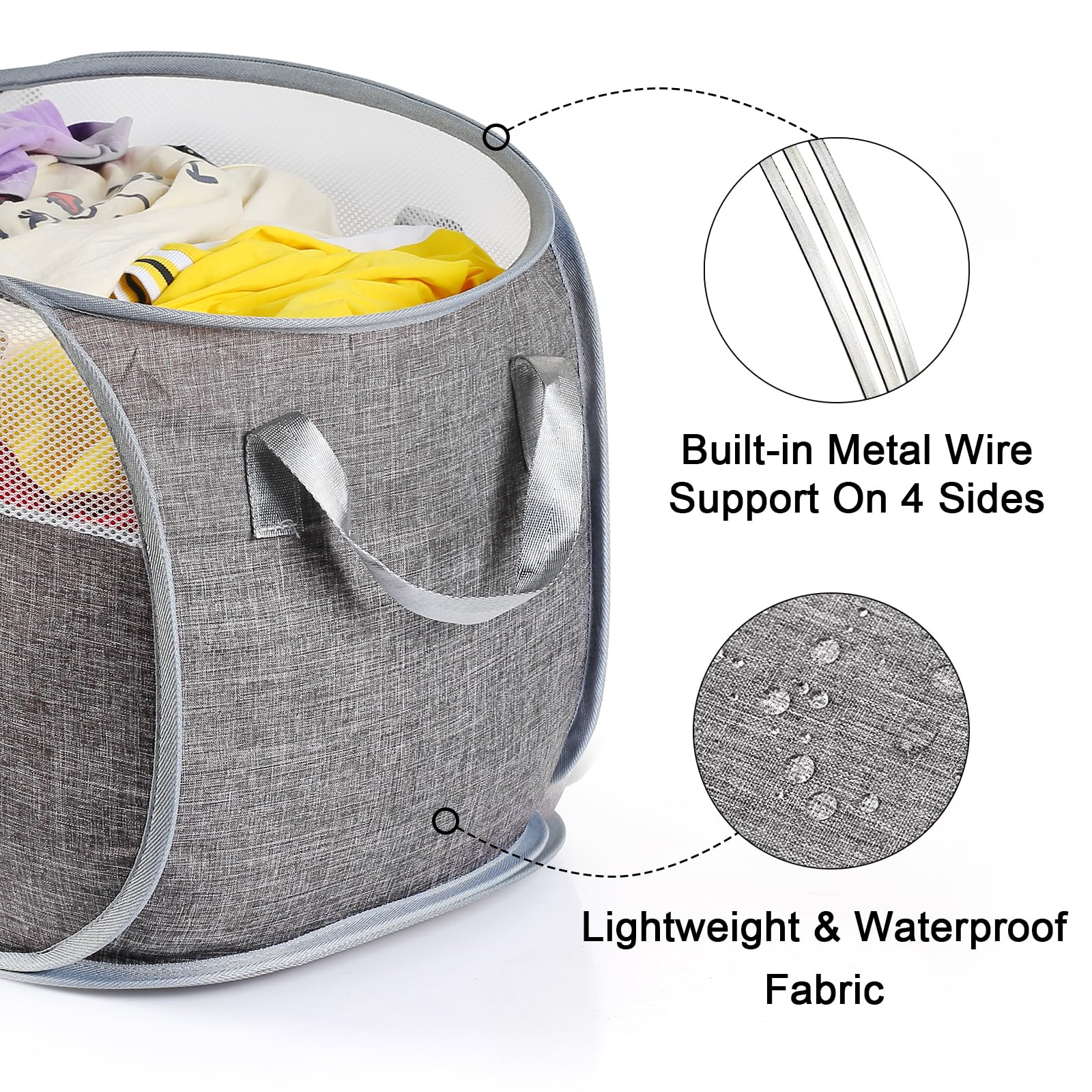 Collapsible Laundry Baskets, Pop Up Laundry Baskets with Reinforced Handles, Lightweight Foldable Laundry Basket for LaundryRoom,Bathroom or Travel (Gray)