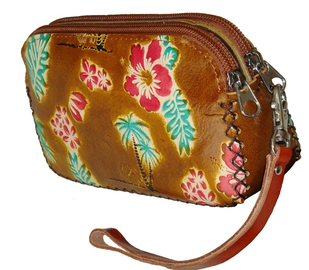 Leather Purse/wallet,two Zipper for Two Separate Rooms, Lovely Hawaii Scenery (Brown)