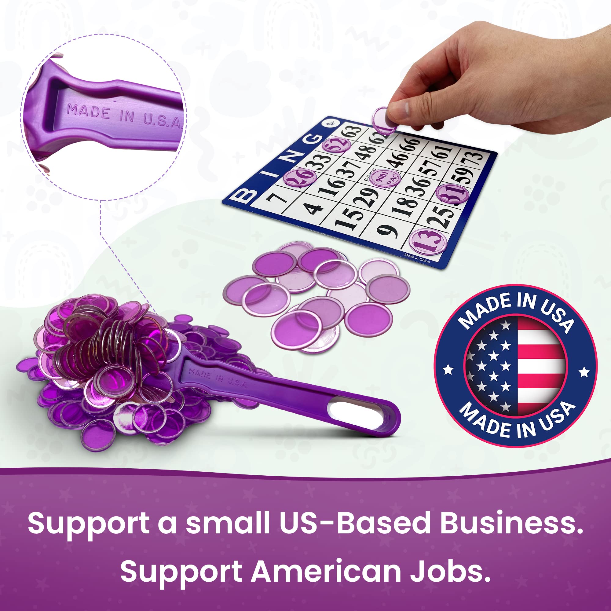 MR CHIPS Made in USA Bingo Magnetic Wand & ¾ Inch Purple Plastic Chips with Metal Rings - 100 Upgraded Pieces Bingo Chips Magnetic, Support American Jobs