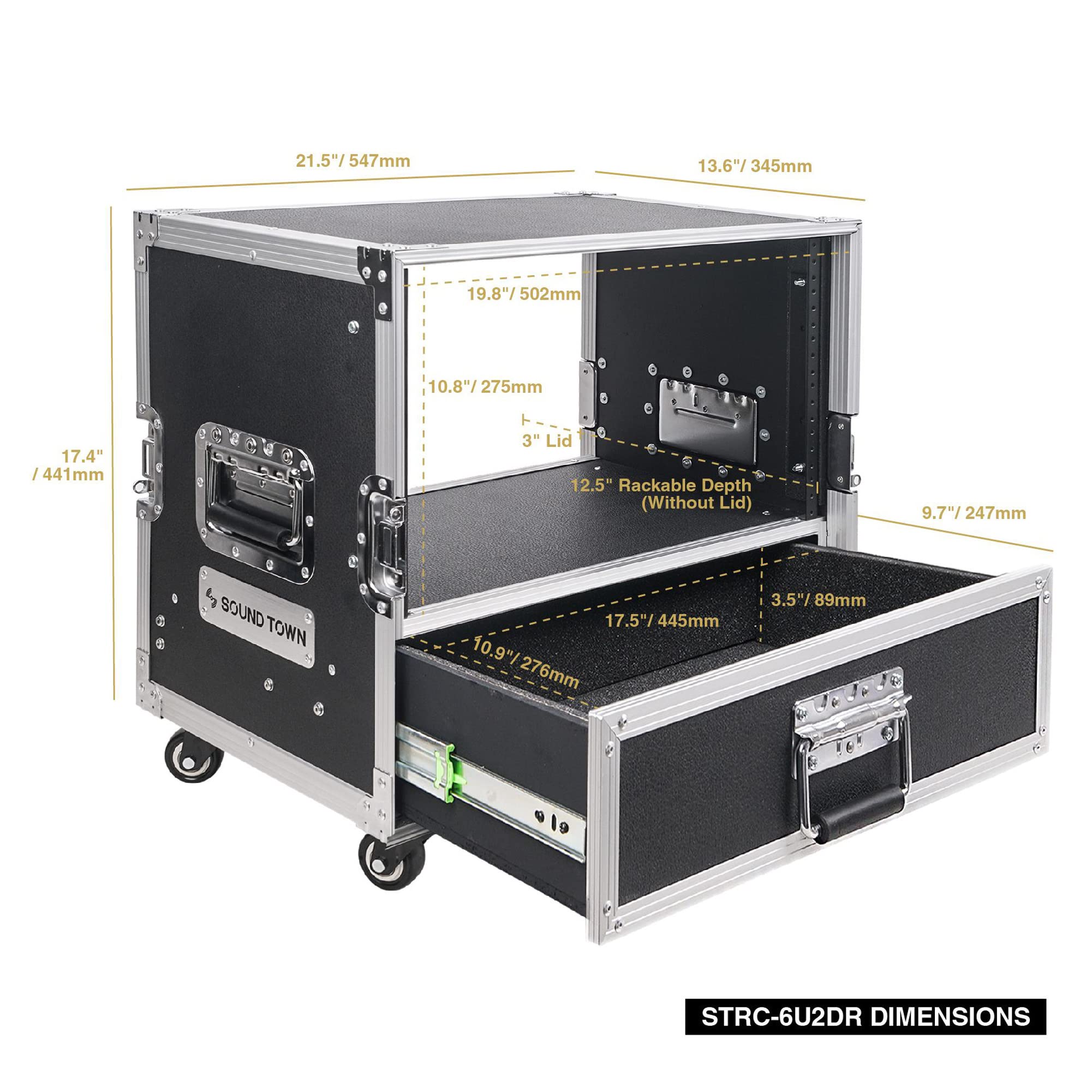 Sound Town 6U Rack Case with 2U Rack Drawer, Casters, for 19" Amps, Mixers, Microphone Receivers (STRC-6U2DR)