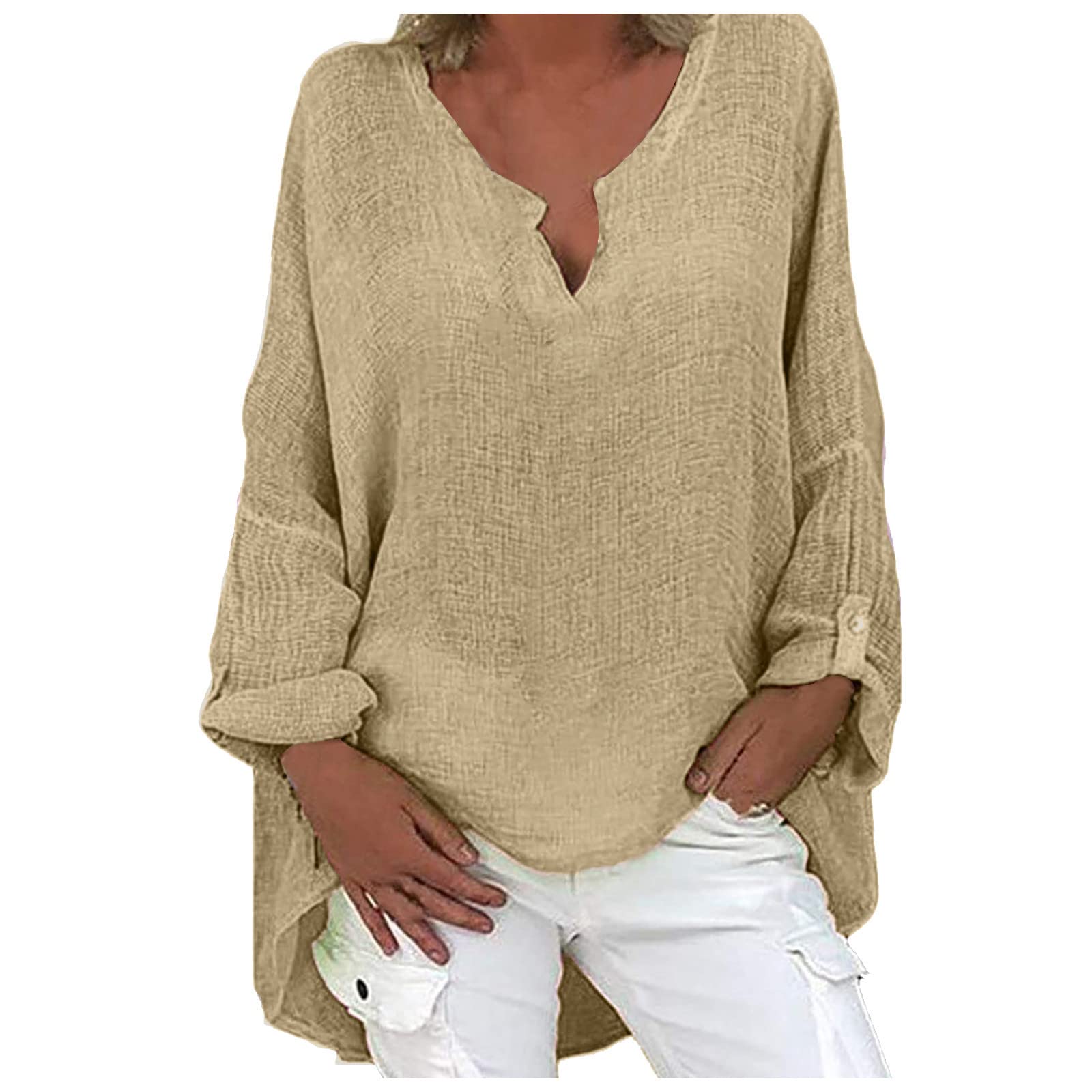Camiseta Manga Larga Color LISO para Mujer túnica ocio Blusa cómoda Cuello en V Camiseta sin Mangas algodón y lino,Khaki,Medium