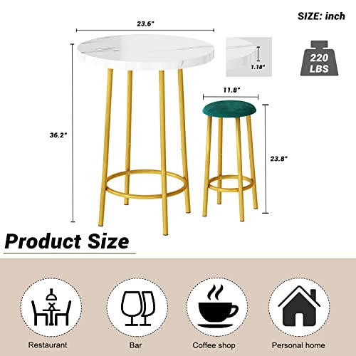 Hooseng Bar Table Set, 3 Pieces Round Dining Table Set with Counter Height Faux Marble Table and 2 Stools, Space Saving Bar Table and Chairs Set for Breakfast Nook Apartment Cafe Small Space, Green