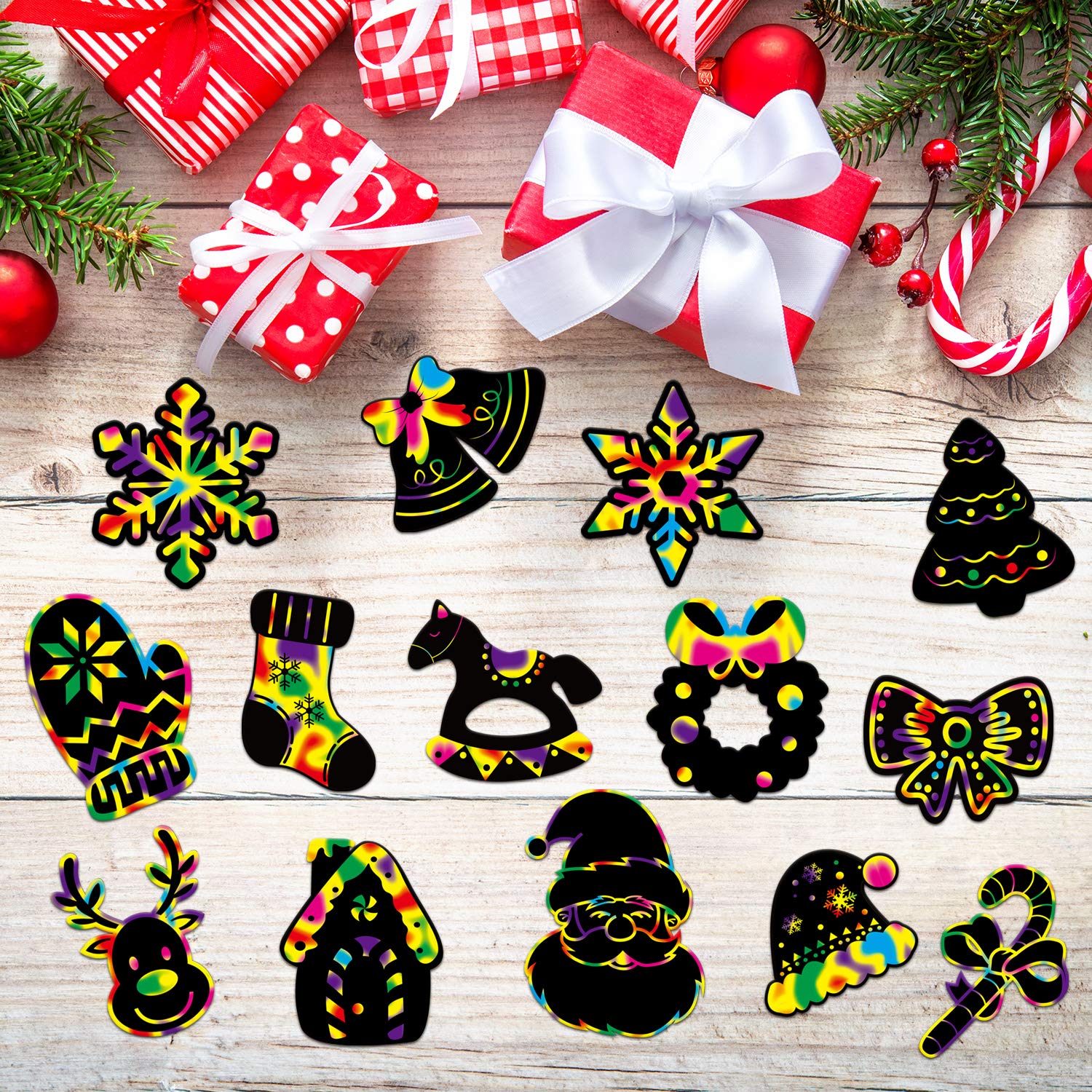 LOKIPA Christmas Scratch Paper Art Set, 80 Pieces Magic Rainbow Scratch Off Cards Ornaments for Kids Christmas