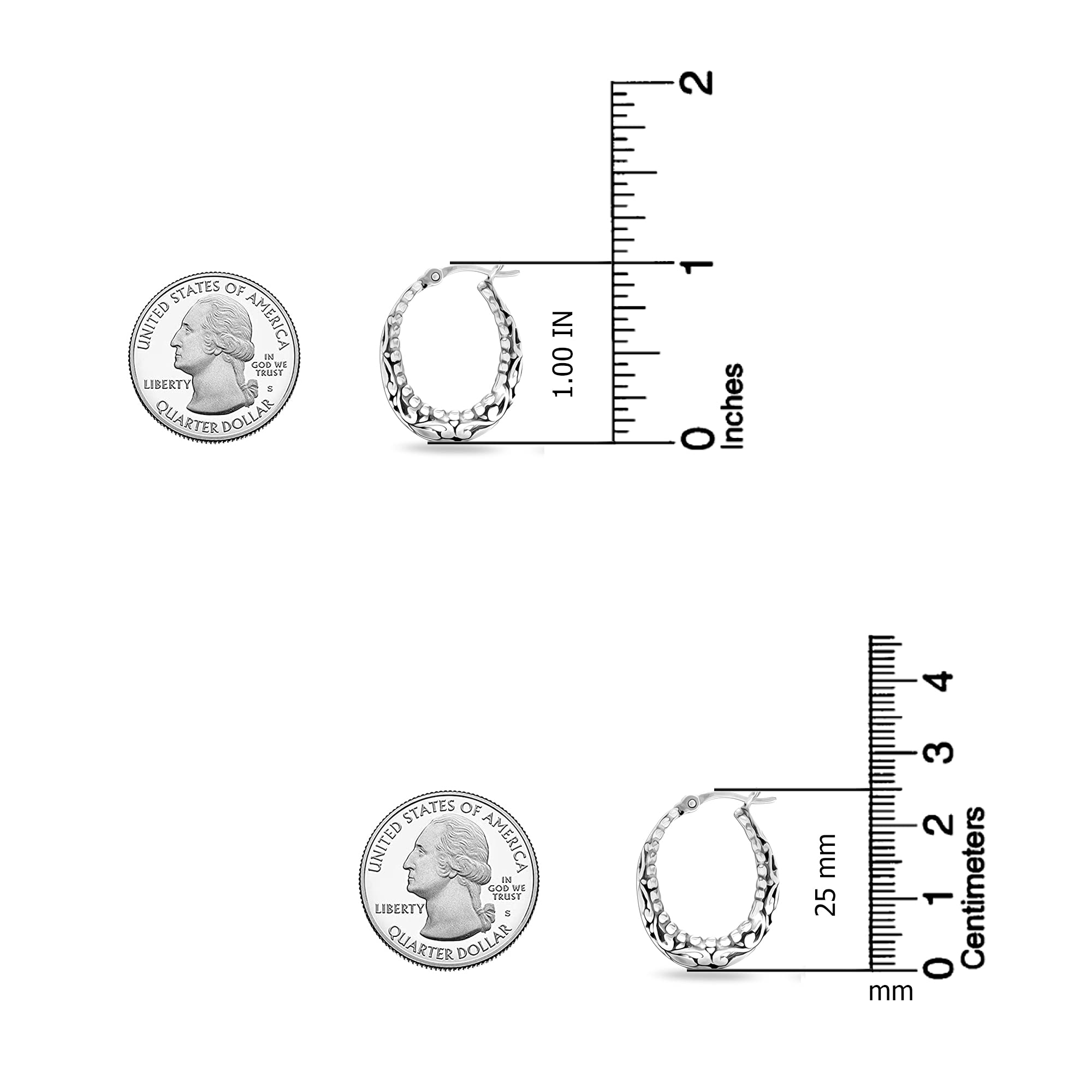 LeCalla Sterling Silver Earrings Filigree Hoops | Lightweight Italian 925 Silver Hoop Earrings Small Oval Antique Oxidized Filigree Design Earring Hoops for Women 25mm