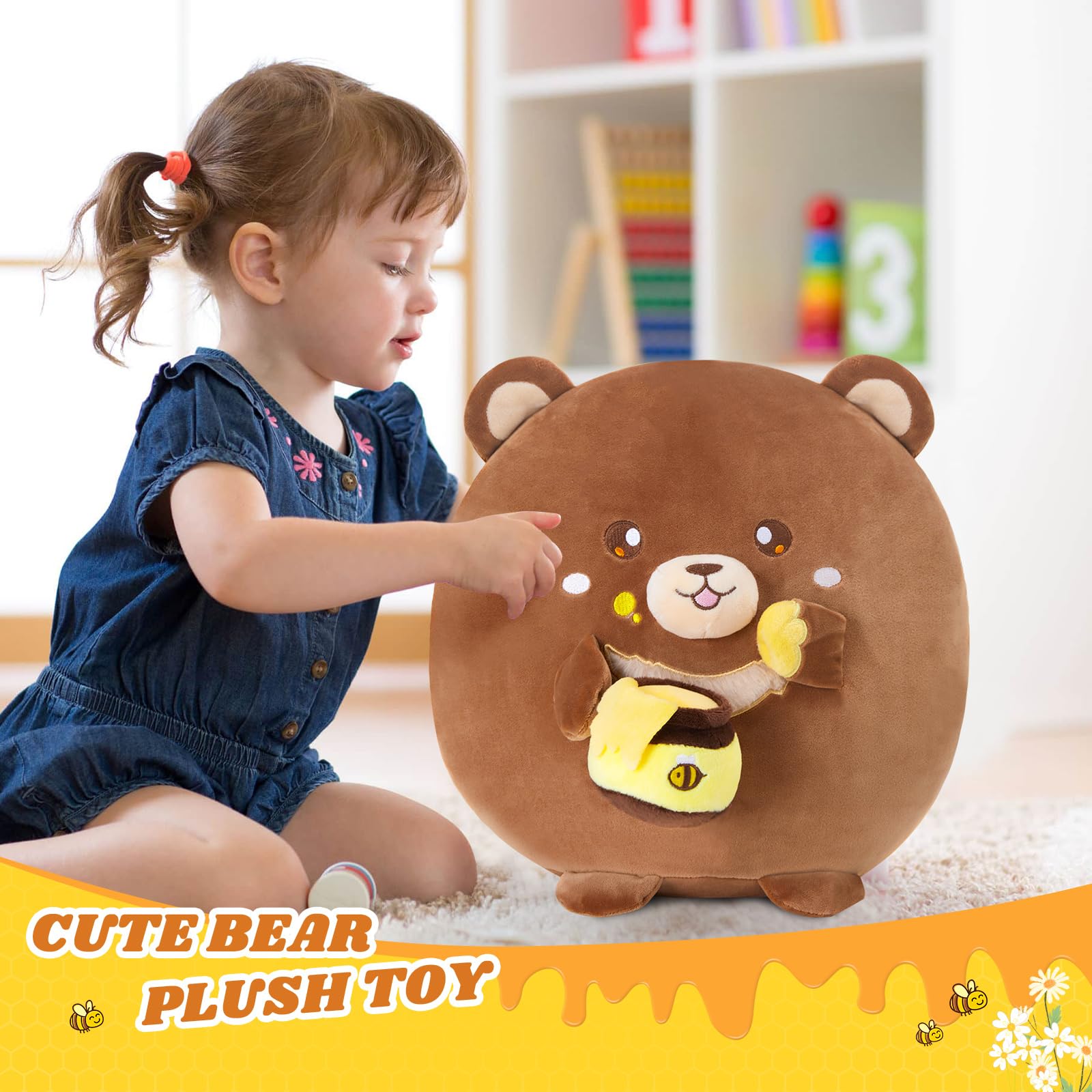 CozyWorld 12“ Honey Bear Plush Pillow,Teddy Bear Plush Stuffed Animal Gifts for Girlfriend Kids,Ultra Soft Snacks Plush Toy,Brown Bear with Honey Pot