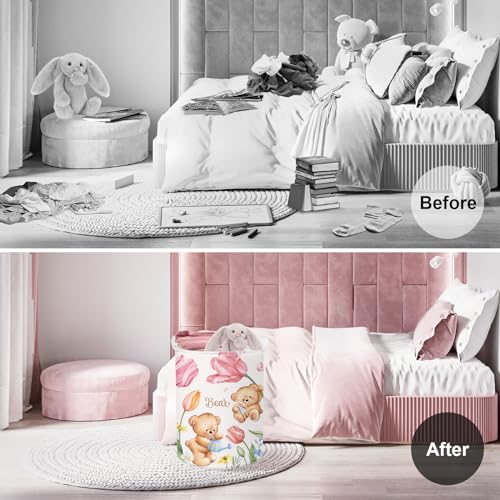 Clastyle Large Pink Tulip Bear Baby Gift Basket Kid Clothes Toy Book Nursery Storage Bin Girl Bedroom Butterfly Flower Laundry Hamper, 14x17.7 in