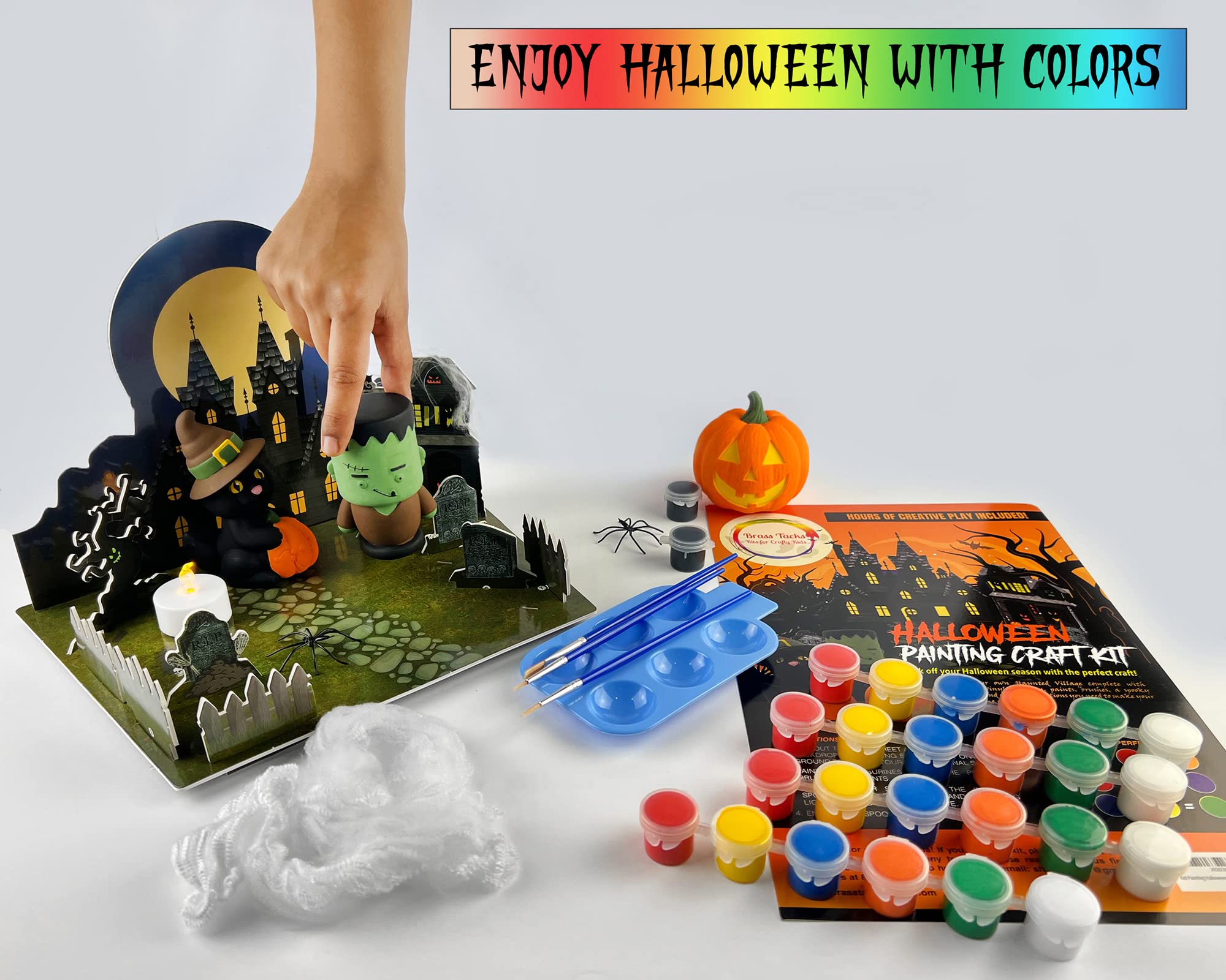 BRASS TACKS KITS FOR CRAFTY KIDS Kid Painting Halloween Craft Puzzle, with 3 Figurines, Paint, Brushes, Background, Spiders, Webs, and Flickering Light