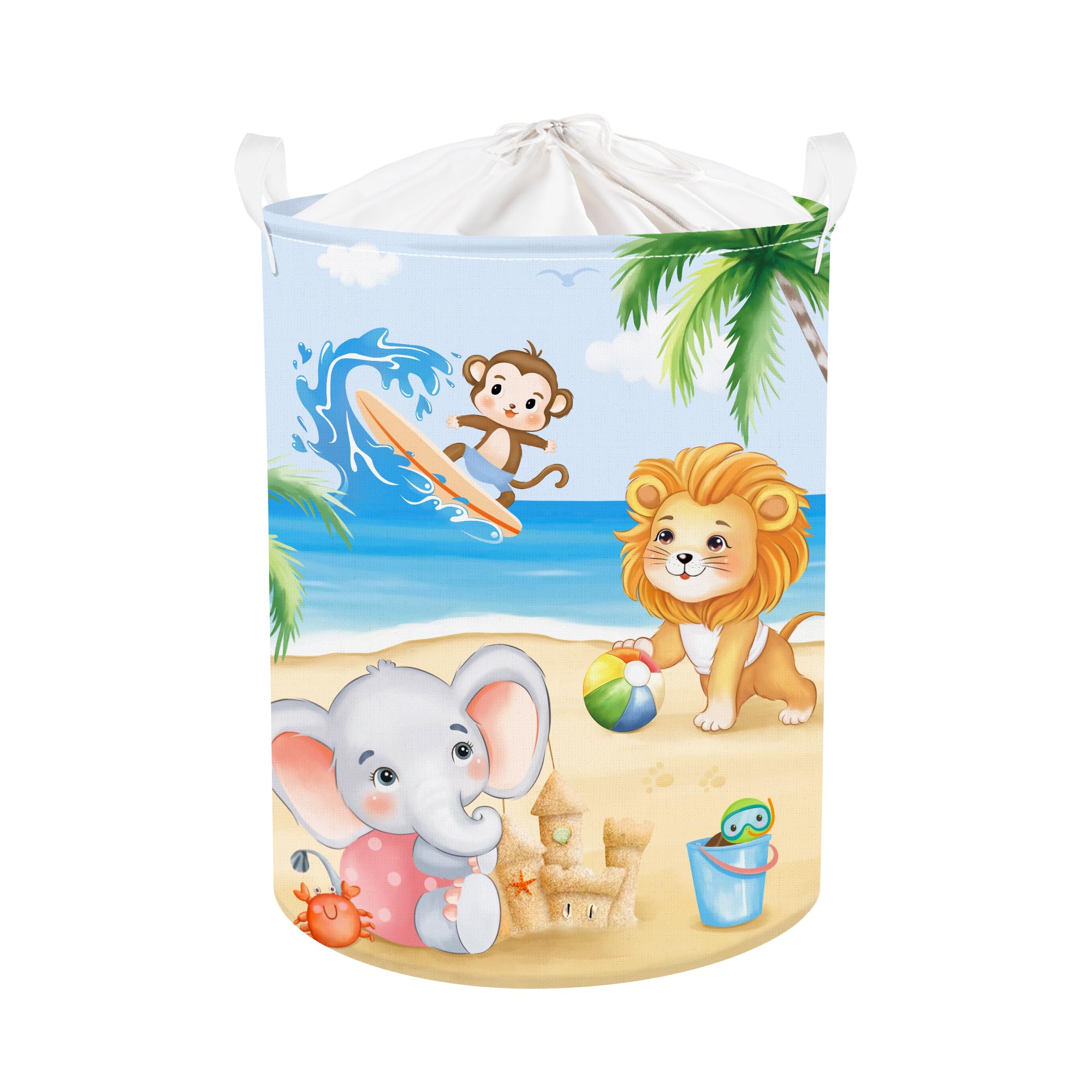Clastyle Surfing Monkey Lion Laundry Hamper Summer Pool Beach Towel Blanket Basket Elephant Castles Nursery Hamper Kid Bedroom Round Toy Clothes Storage Basket