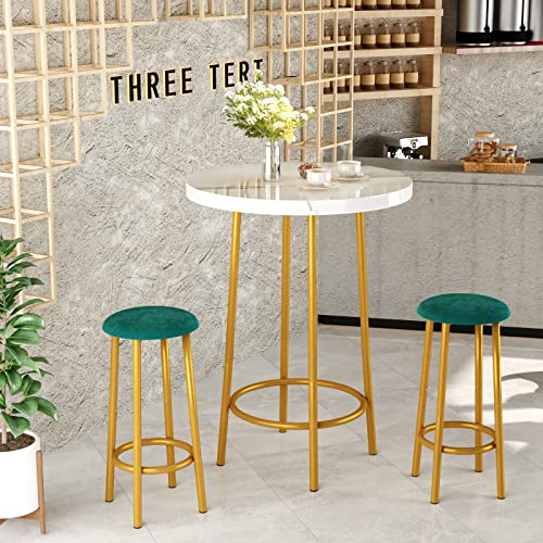 Hooseng Bar Table Set, 3 Pieces Round Dining Table Set with Counter Height Faux Marble Table and 2 Stools, Space Saving Bar Table and Chairs Set for Breakfast Nook Apartment Cafe Small Space, Green