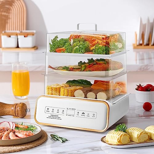 SUSTEAS Food Steamer for Cooking - 17QT Vegetable Steamer with 24H Booking & 60Min Timer, Electric Steamer with Digital Display and 3 Tier Stackable Trays, Auto Shut-Off & Boil Dry Protection