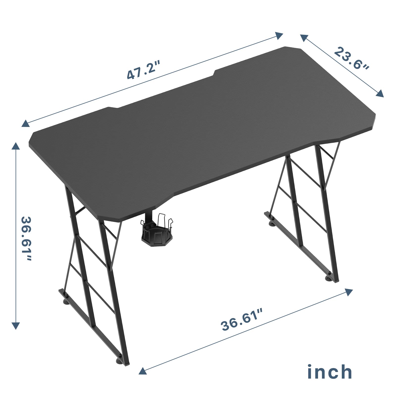 JOY worker Gaming Desk with LED Lights, 47 Inch Gamer Desk Carbon Fiber Desktop, Game Desk with Cup Holder, Home Office Gaming Room Workstation, Black