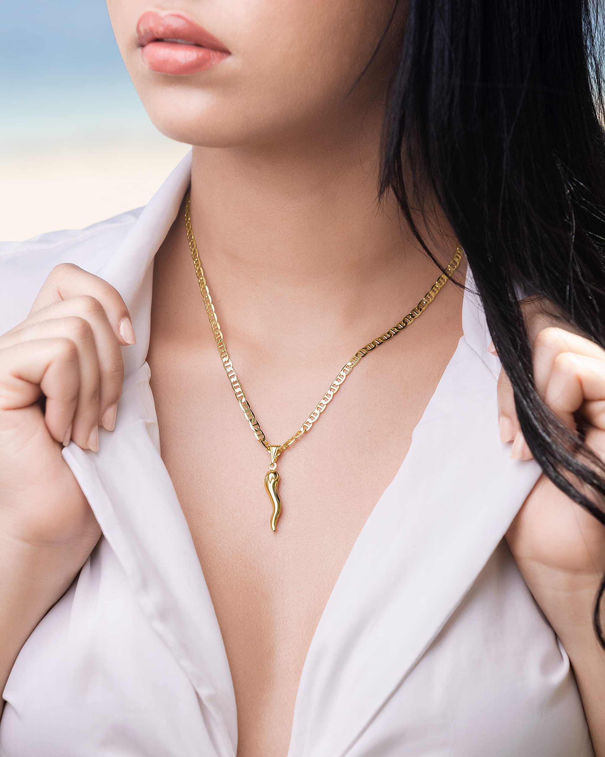 Barzel 18K Gold Plated Flat Marina Chain With Italian Horn Necklace Cornicello - Made In Brazil (20 Inches)