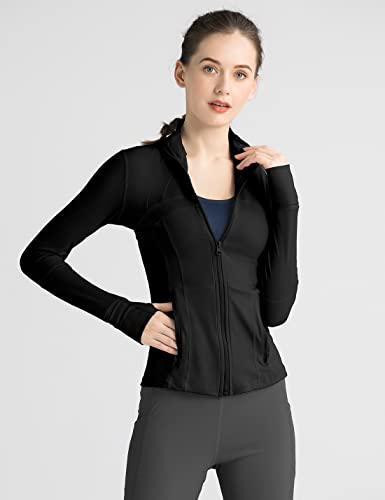 Gacaky Women's Slim Fit Workout Running Track Jackets Full Zip-up Yoga Athletic Jacket with Thumb Holes Black M