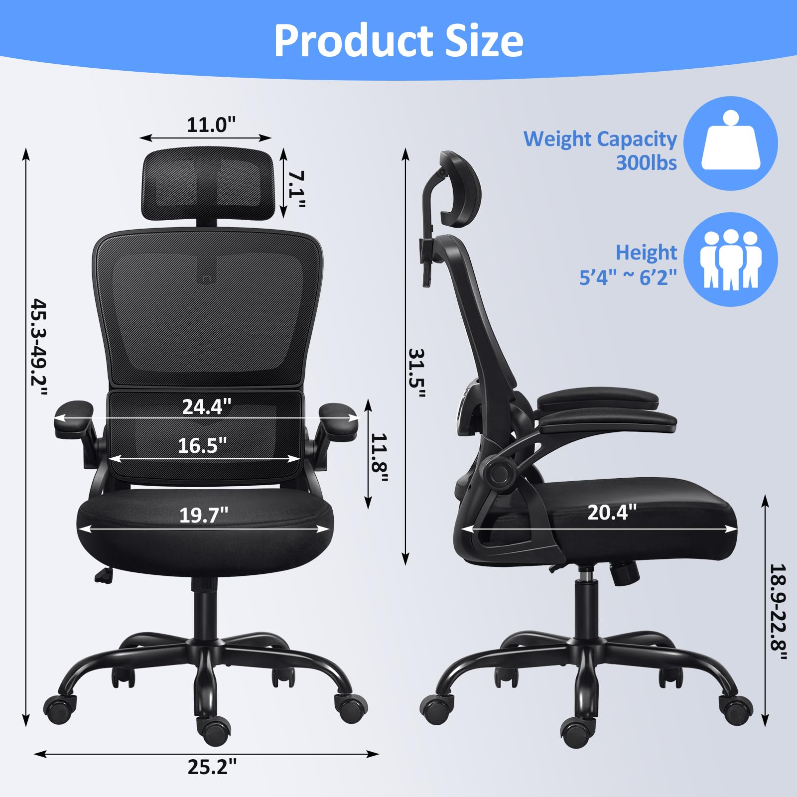 Office Chair Ergonomic Home Desk Chair, High Back Home Office Chair, Big Tall Computer Chair,Adaptable Lumbar Support, Flip-up Arms 125°Rocking, Adjustable Headrest, Thicken Cushion (Black)