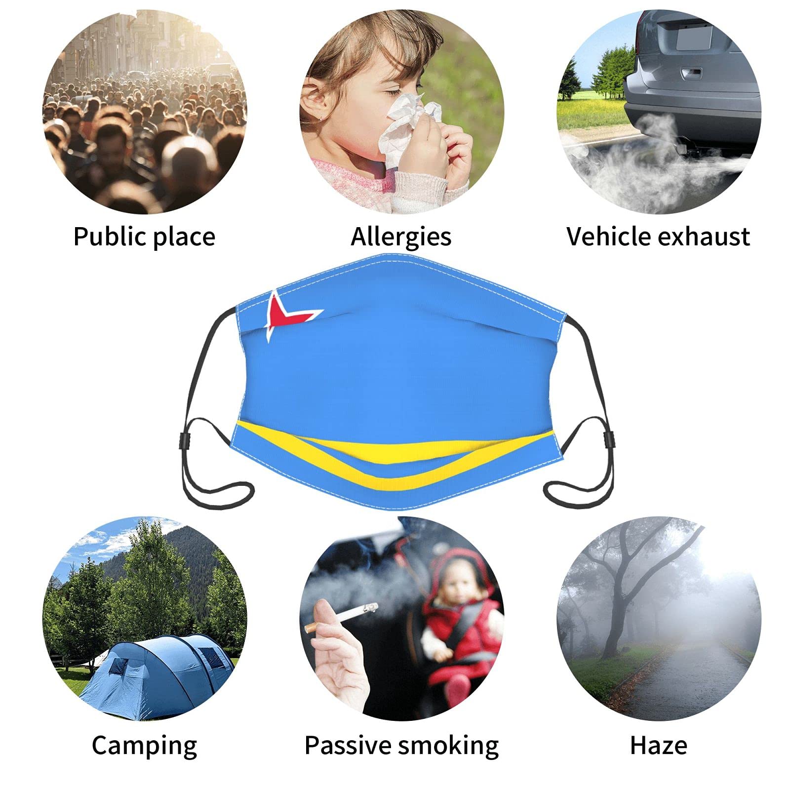 VVGETE Flag Of Aruba 3 Pcs Reusable Couple Face Masks With 6 Filters, Fashion Balaclava Washable Adjustable Ear Hooks Soft Breathable Outdoor Dust-Proof & Wind-Proof Face Mask