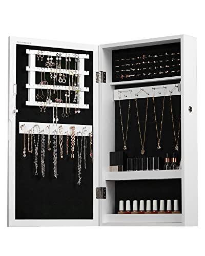 SONGMICS Lockable Jewelry Cabinet Armoire with Mirror, Wall-Mounted Space Saving Jewelry Storage Organizer, White UJJC51WT