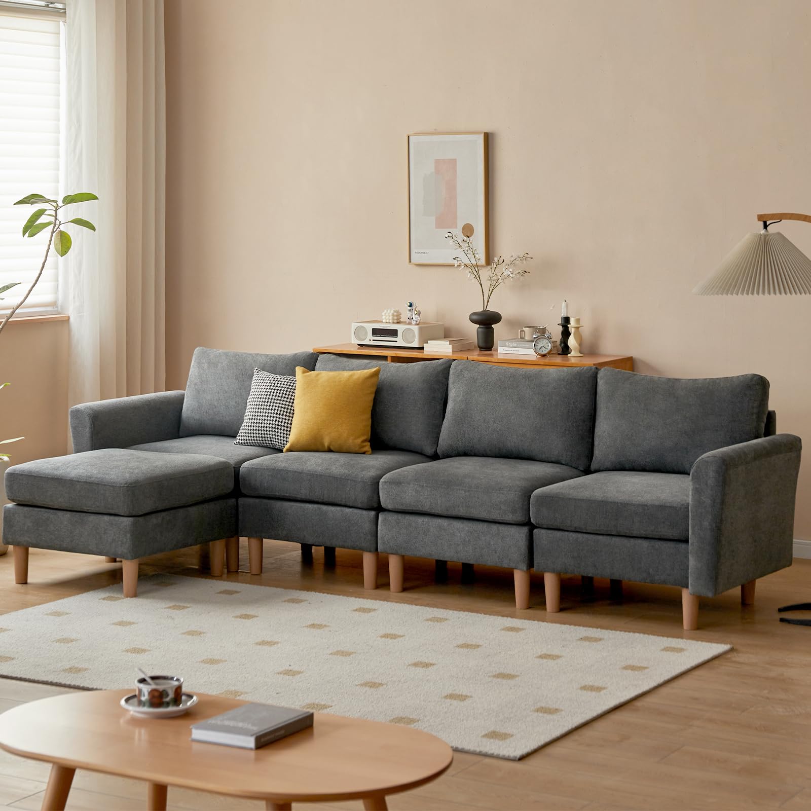 Cpintltr Modular Sectional Sofa 5 Seat Polyester Sofa Bed with Reversible Chaise Convertible L Shaped Couch with Ottomans Memory Foam Sleeper Sofa with Tapered Wood Legs for Living Room Beige