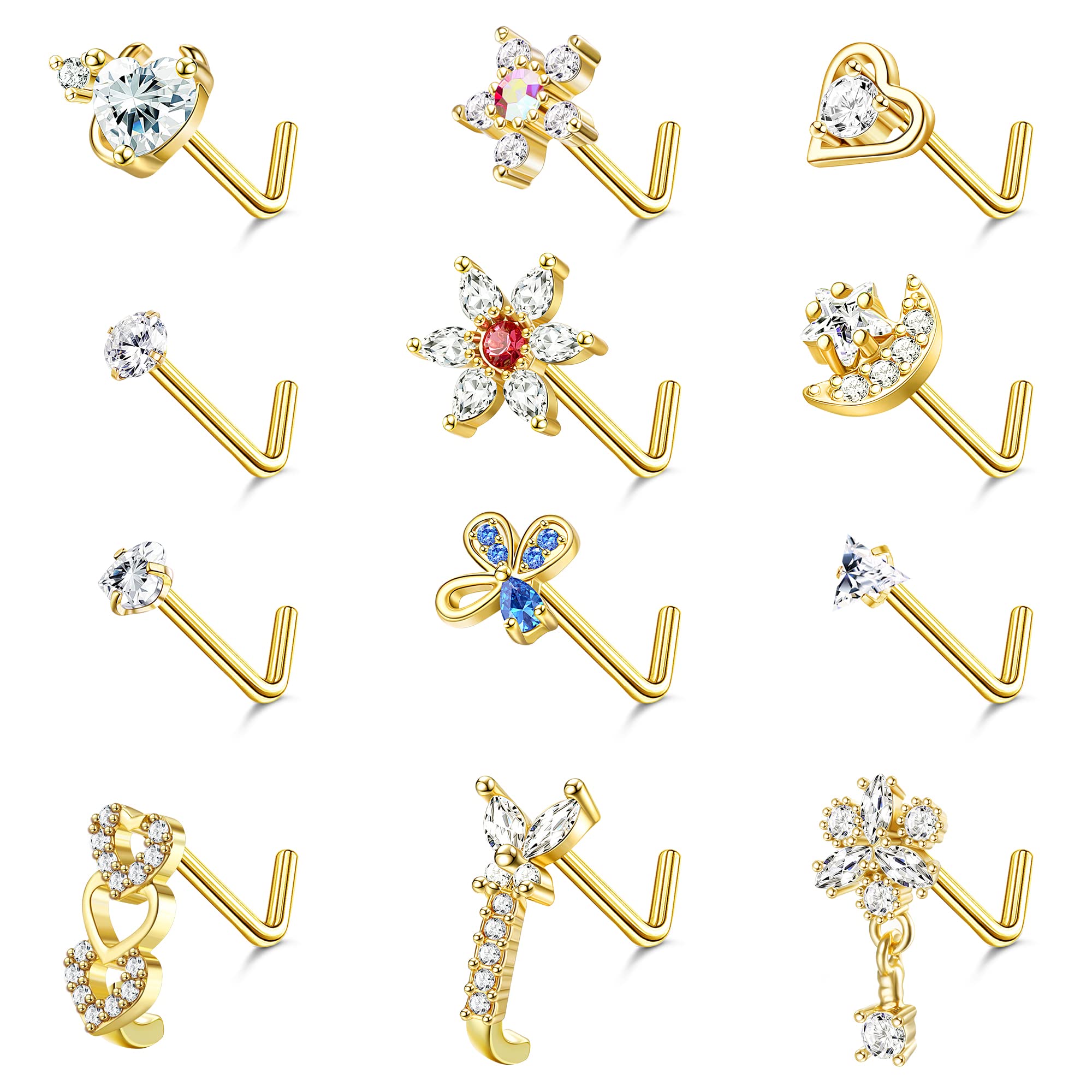 Besteel 12Pcs Nose Ring Studs Piercings Rings CZ Hypoallergenic L Heart Shape Stainless Steel Nose Ring Piercing Jewelry 20G Nose Studs for Women