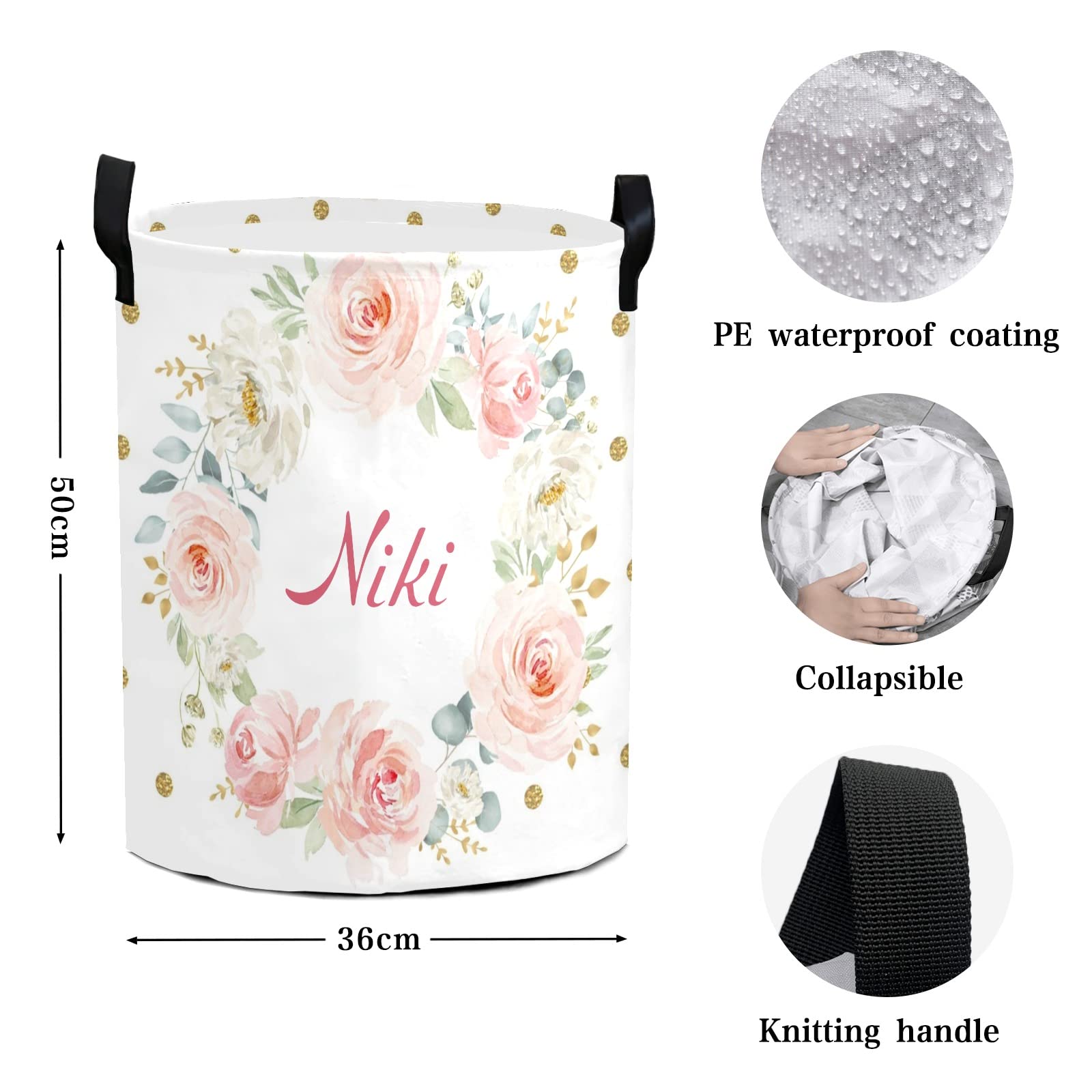Blush Pink Gold Floral Laundry Hamper Personalized with Name Canvas Waterproof Storage Bin with Handle for Kids Nursery Hamper Gift Baskets Home Organizer