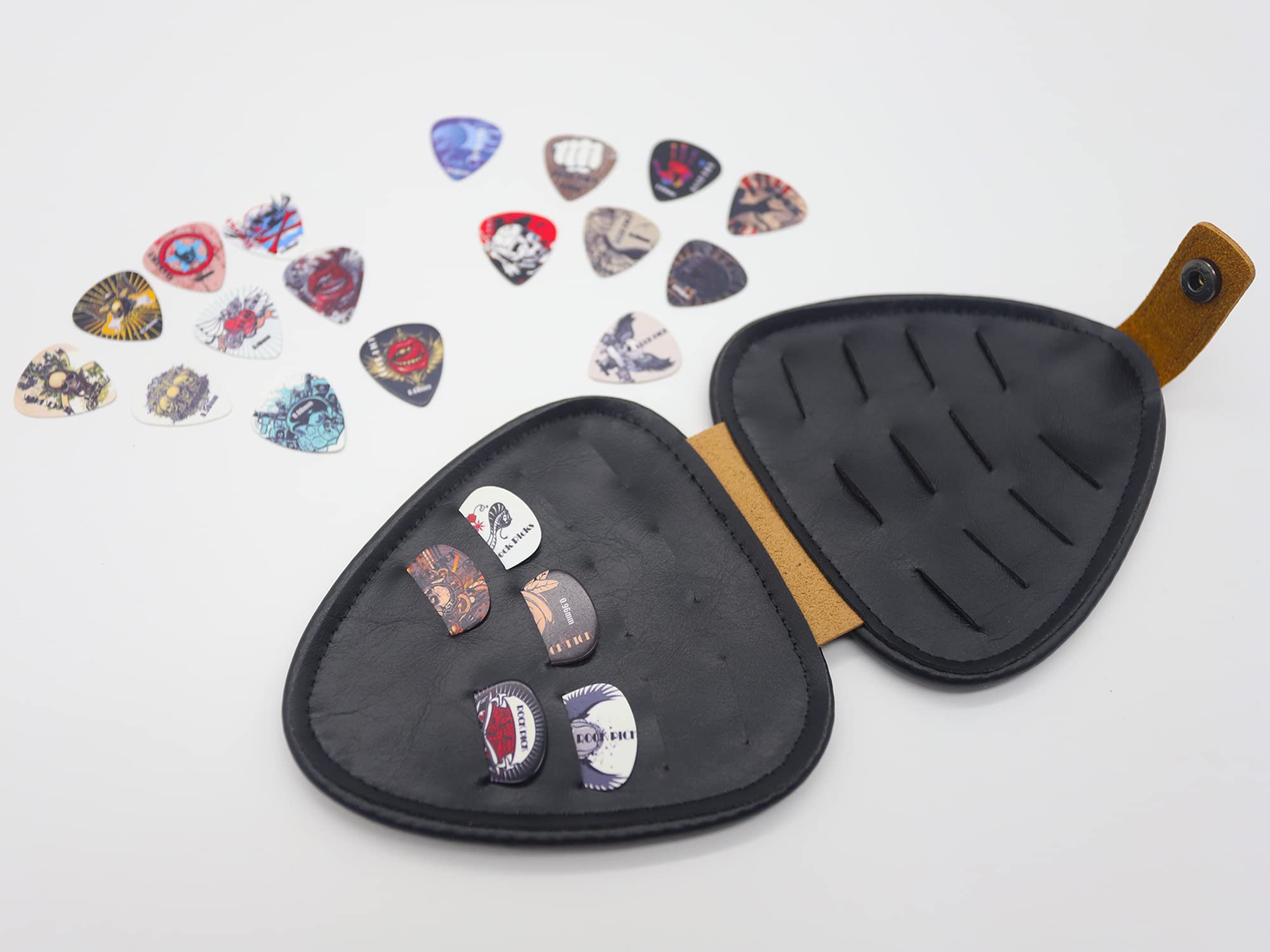 RAUYIVANY Guitar Pick Holder Case with 22 Picks, inner-outer layer Pure Leather for Storage 22 Slots Various Thickness Picks Pouch. Guitarist Gift