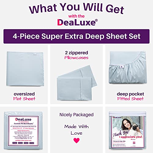 Extra Deep Pocket Queen Bed-Sheets – 4-Piece Includes: 18”-21” Inch Super Extra Deep Pocket Fitted Sheet – Oversize Flat Sheet – 2 Zipper Closure Pillowcases – Perfectly Fit – Queen Size – Light Blue