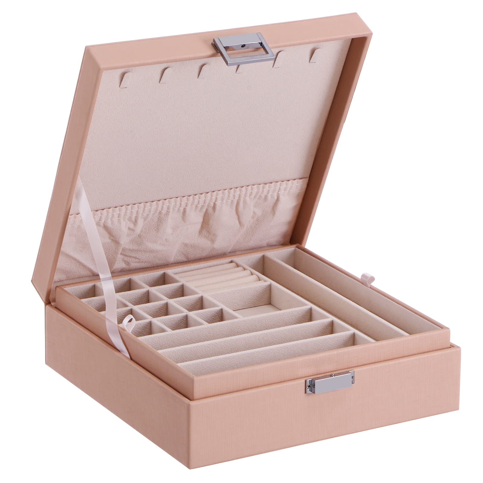 BEWISHOME Jewelry Box for Girls 35 Compartments Jewelry Organizer - 6 Necklace Hooks, 2 Layers - Jewelry Boxes Display Storage Case Jewelry Holder for Girls Pink SSH71F