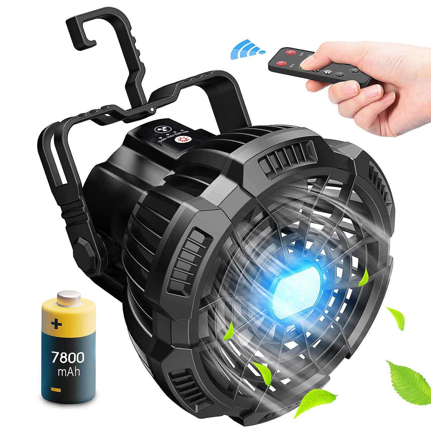 Camping Fan with LED Lantern, Rechargeable Battery Powered Fan, Portable Tent Fan with Remote Control, 25H Working Time, Battery Operated Fan, 180°Head Rotation, Outdoor travel Fan, Ceiling Fan