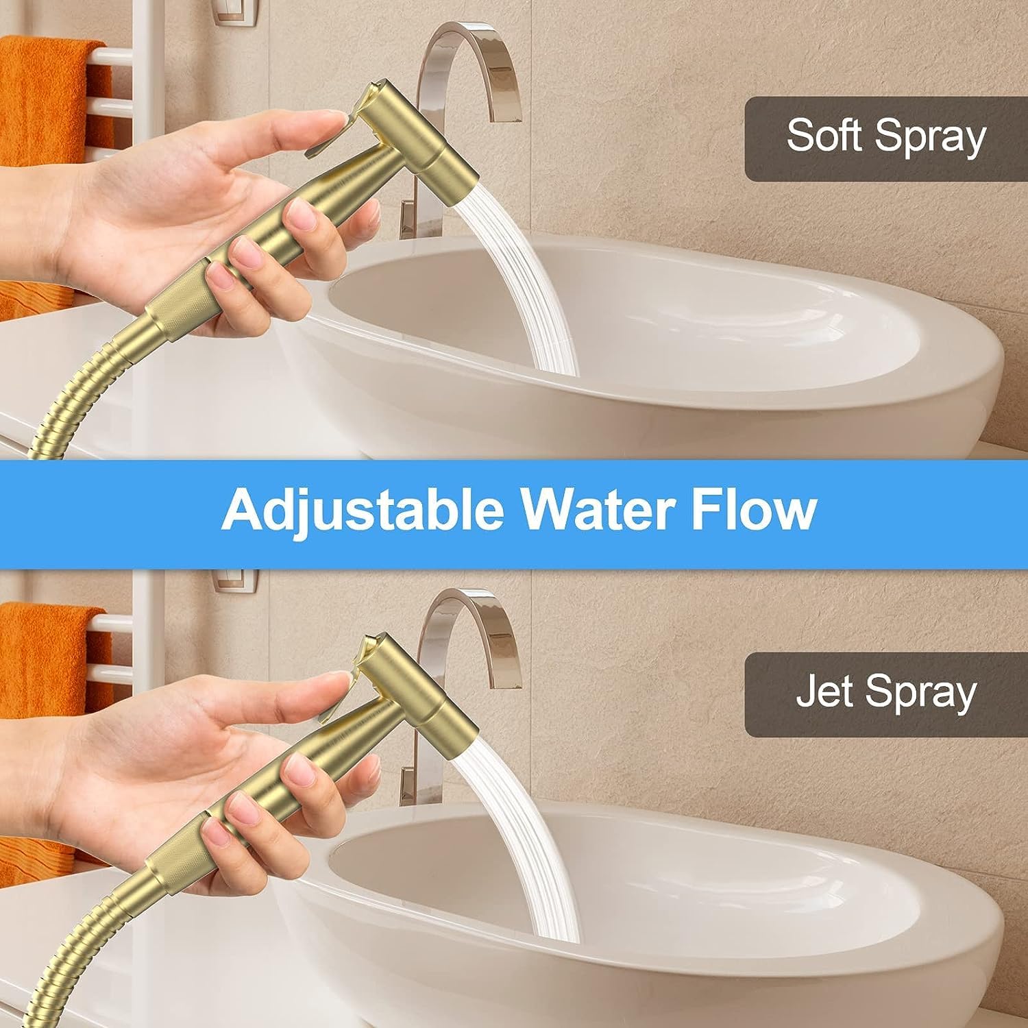 Handheld Bidet Sprayer Attachment for Toilet, Jet Sprayer Kit for Feminine Wash and Baby Diaper Cloth, Adjustable Water Pressure Control, Easy to Install, Gold, BELLEARLY