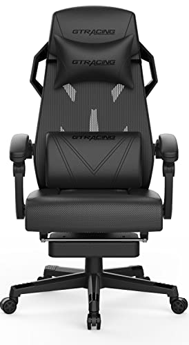 GTRACING Gaming Chair, Computer Chair with Mesh Back, Ergonomic Gaming Chair with Footrest, Reclining Gamer Chair with Adjustable Headrest and Lumbar Support for Gaming and Office, Black
