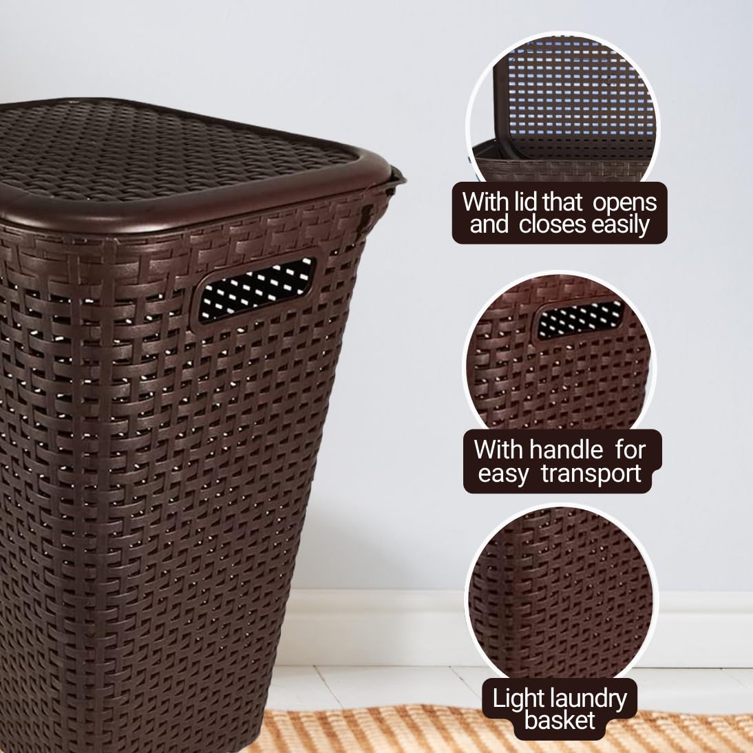 Elly décor Set 2 Rattan 12 gallons Tall Plastic Laundry Hamper, Laundry Basket with Cutout Handles, Washing Bin, Dirty Clothes Storage, Bathroom, Bedroom, Closet, 48 lts Chocolate