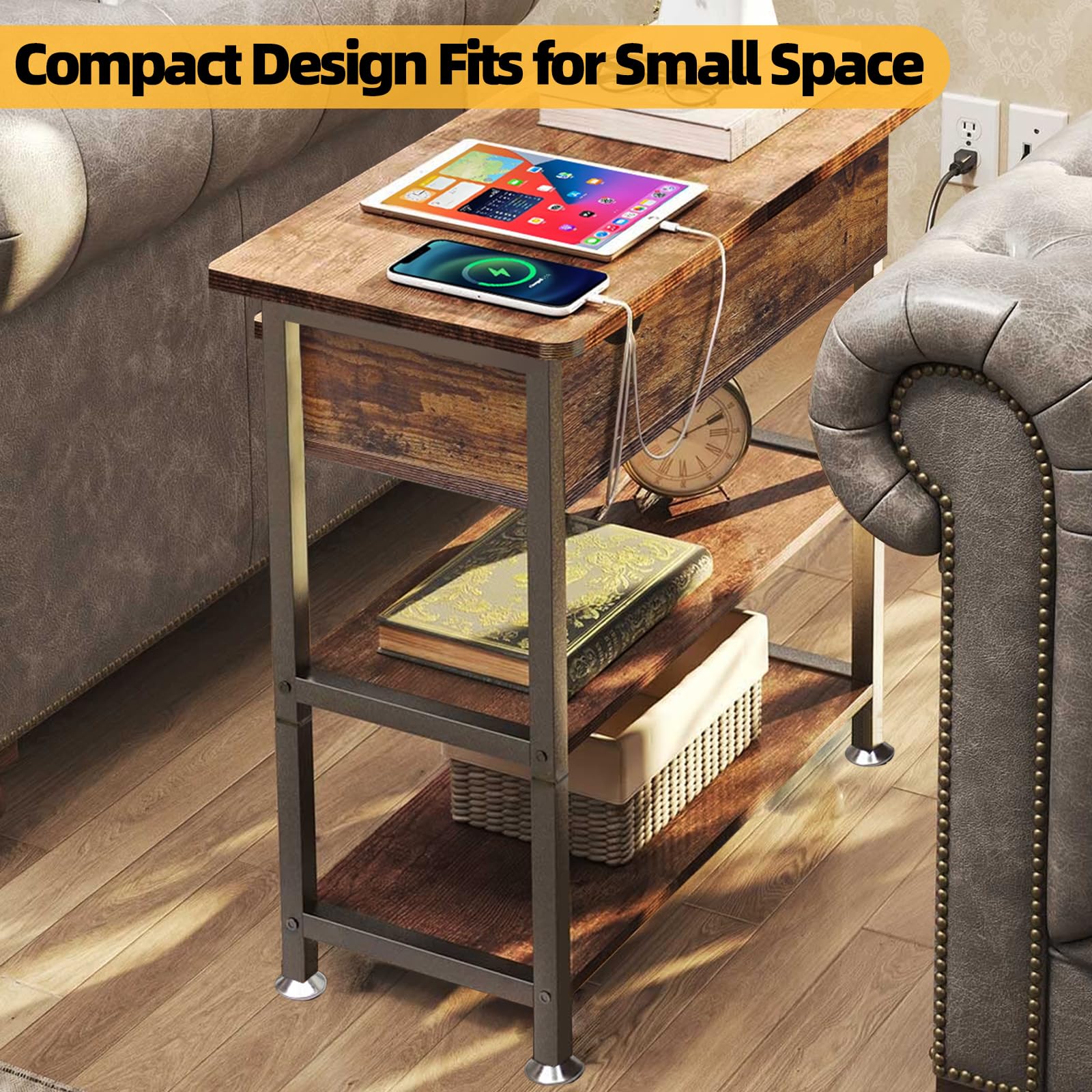 Flip Top Side Table with Hidden Charging Station - 12"Dร21"Wร26"H Compact End Table for Small Spaces, with Storage and 2 Shelves, Metal and Wood End Tables for Living Room, Slim Sofa Side Tables,Brown