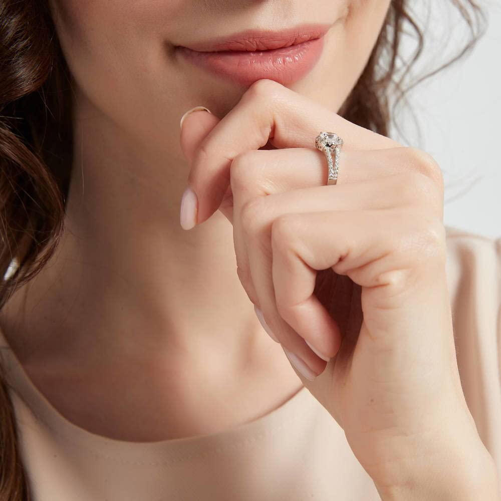 BERRICLE Sterling Silver Halo Wedding Engagement Rings Round Cubic Zirconia CZ Promise Split Shank Ring for Women, Rhodium Plated Size 7