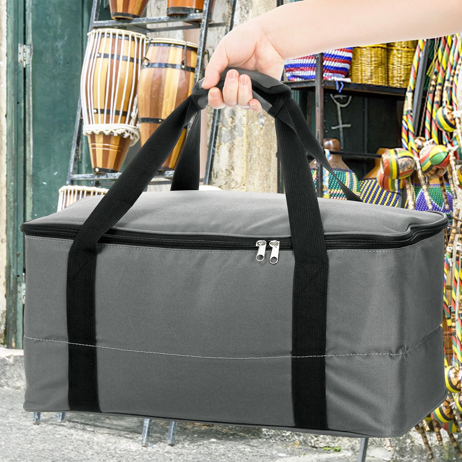 YOUEON Bongo Drum Bag with Carrying Grip, 18 Inch Standard Size Padded Bongo Gig Bag Bass Drum Fabric Bag with Dense Protective Interior Padding, Grey